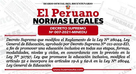 Ds Nº 007 2021 Minedu Se Modifica El Reglamento De La Ley Nº 28044