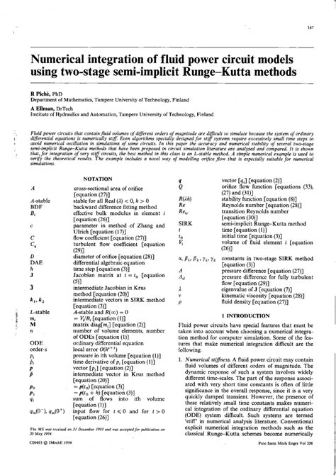 pdf numerical integration of fluid power circuit models using two stage semi implicit runge