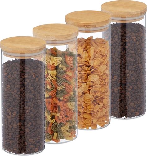 Relaxdays Voorraadpot Met Bamboe Deksel 1350 Ml Set Van 4 Glazen