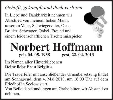 Traueranzeigen Von Norbert Hoffmann Märkische Onlinezeitung Trauerportal