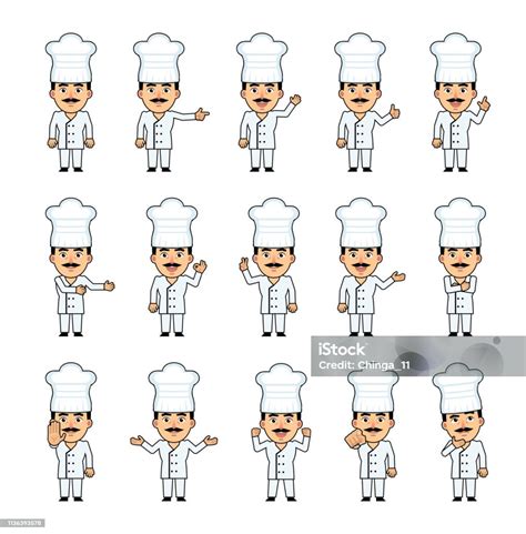다양 한 손 제스처를 보여주는 요리 문자 집합입니다 재미 요리사 포인팅 인사말 엄지손가락을 보여주는 승리 정지 기호 및 기타 손 제스처 가리키기에 대한 스톡 벡터 아트 및