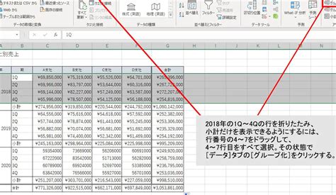 Excel展開：折りたたまれた行や列を表示