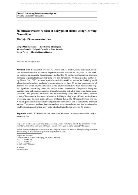 Pdf 3d Surface Reconstruction Of Noisy Point Clouds Using Growing Neural Gas 3d Object Scene