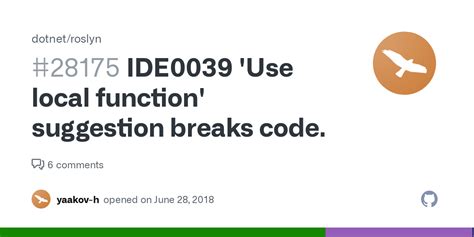 Ide0039 Use Local Function Suggestion Breaks Code · Issue 28175 · Dotnetroslyn · Github