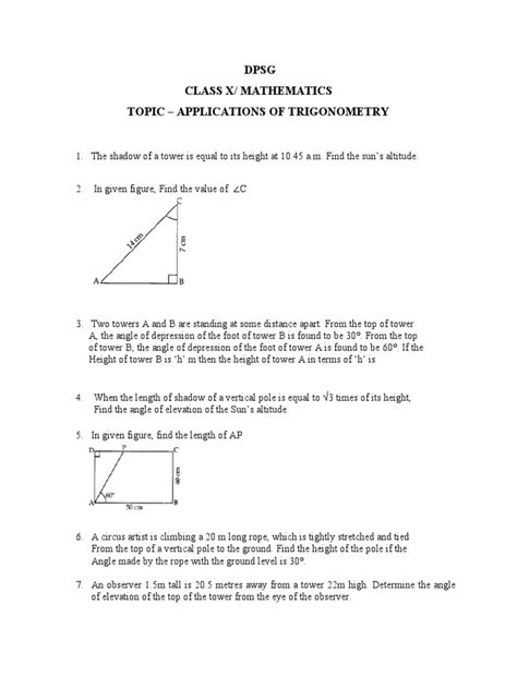 Assignment Application Of Trigonometry Pdf Height Angle