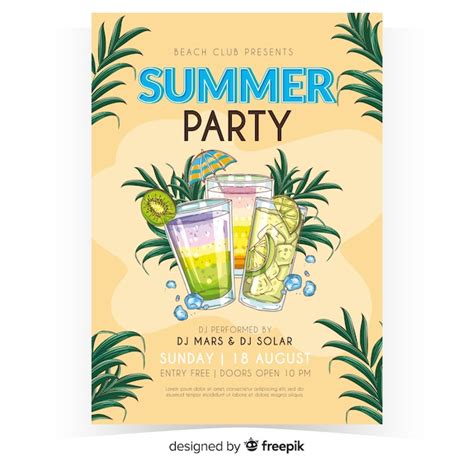 손으로 그린 여름 파티 초대장 템플릿 무료 벡터