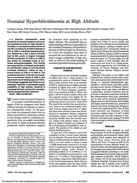 Neonatal Hyperbilirubinemia At High Altitude Download Free Pdf