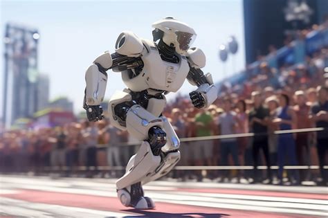 Premium AI Image A Humanoid Robot Running In A Marathon With Cheering