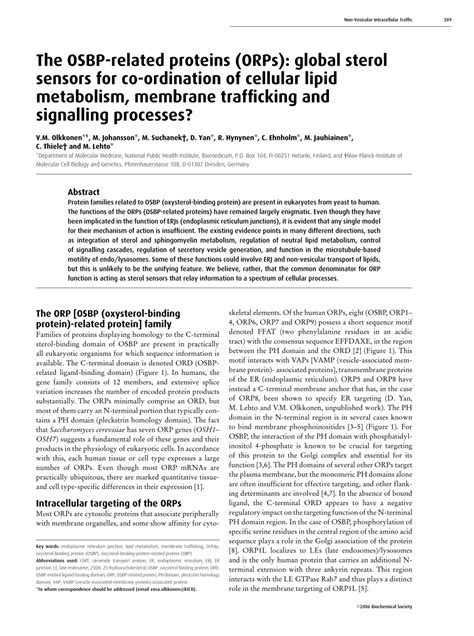Pdf The Osbp Related Proteins Orps Global Sterol Sensors For Co Ordination Of Cellular