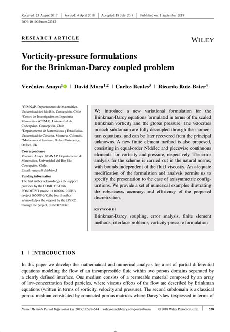 Pdf Vorticity Pressure Formulations For The Brinkman Darcy Coupled