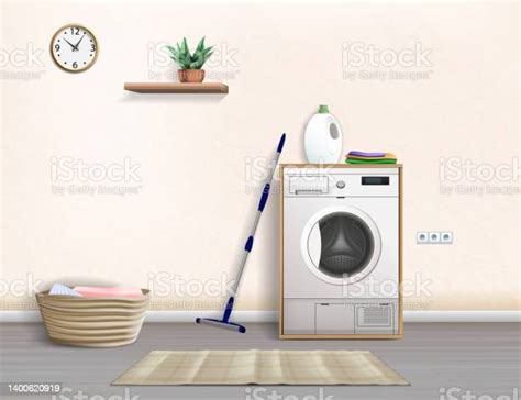 세탁기 사실적인 벡터 일러스트가 있는 세탁실 인테리어 가사 집안일에 대한 스톡 벡터 아트 및 기타 이미지 가사 집안일 건조한 기계류 Istock