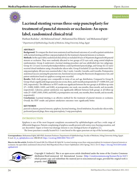 Pdf Lacrimal Stenting Versus Three Snip Punctoplasty For Treatment Of Punctal Stenosis Or