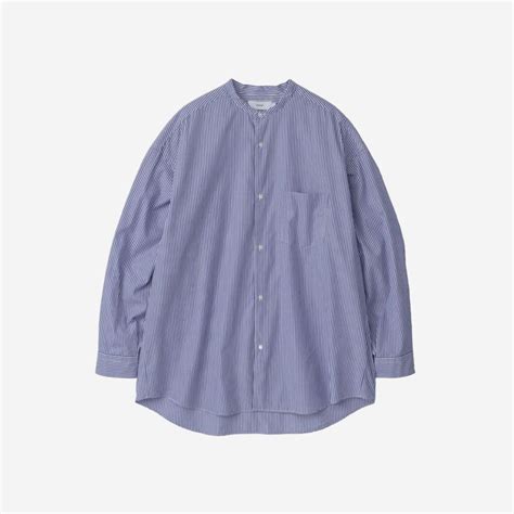 그라프페이퍼 브로드 롱슬리브 오버사이즈 밴드 칼라 셔츠 블루 스트라이프 Graphpaper Kream
