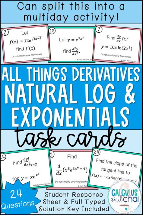 Derivatives Natural Logs And Exponentials Task Card Activities Ap Calculus Ab Task Cards