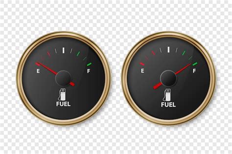터 3d 현실적인 골든 메탈릭 가스 연료 크 가이즈 오일 레벨 바 세트 고립 된 전체 및 빈 자동차 대시보드 세부 사항 연료 표시기 가스 미터 센서 디자인 템플릿 프리미엄 벡터