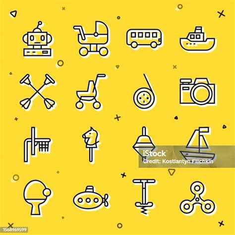세트 라인 피젯 스피너 장난감 보트 사진 카메라 버스 장난감 유모차 빨판 팁이 있는 화살표 로봇 및 요요 아이콘 벡터 0명에 대한 스톡 벡터 아트 및 기타 이미지 Istock