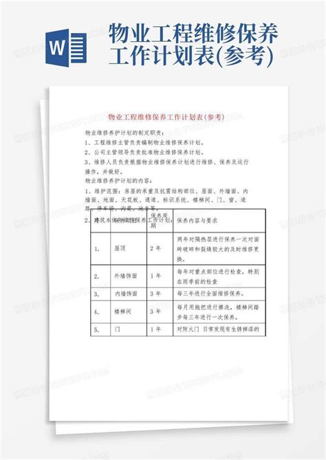 物业工程维修保养工作计划表 参考 Word模板下载 编号lpewrbab 熊猫办公
