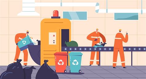 Premium Vector Worker Characters Processing Garbage On A Conveyor Belt That Involves Automated