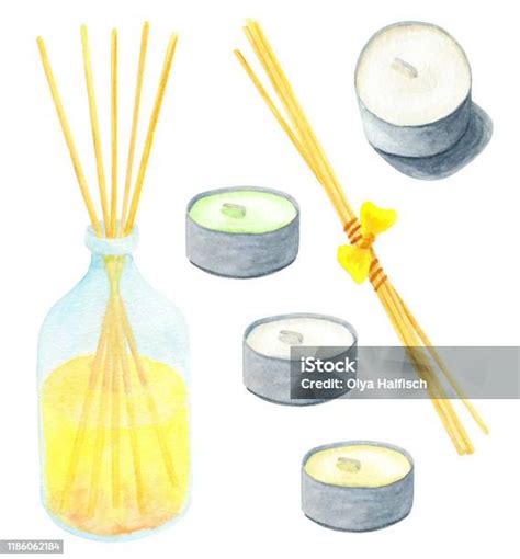 수채화 스파 아로마 테라피 세트 손으로 그린 부동 양초 에센셜 오일 유리 병에 나무 향기 스틱 흰색 배경에 격리 된 디자인 및 장식 요소 가정 생활에 대한 스톡 벡터 아트