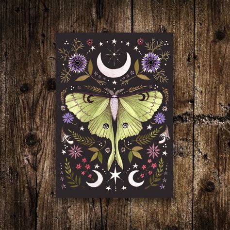 Mini A6 Luna Moth Print Small Botanical Floral Moon Moth Illustration