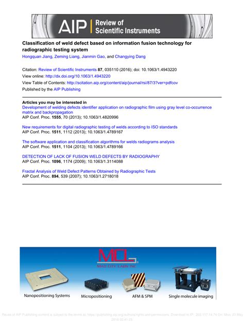 Pdf Classification Of Weld Defect Based On Information Fusion Technology For Radiographic