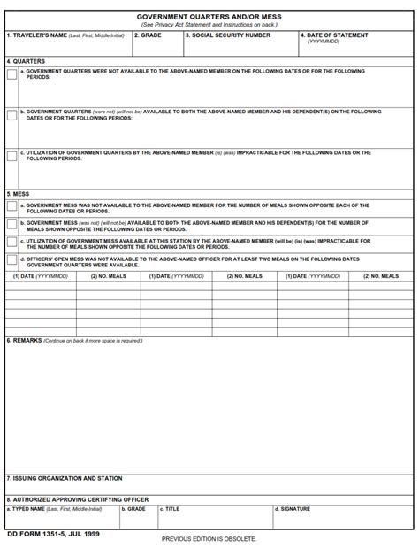 Dd Form 1351 5 Quarters And Or Mess Government Dd Forms