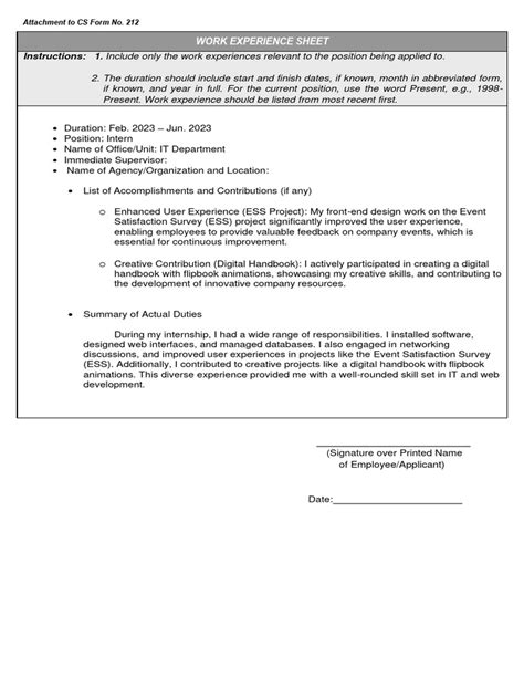 Work Experience Sheet Pdf