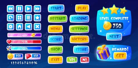 Space Game Ui Menu Interface Cartoon Buttons Loading Bars Boards Planks Gui Graphic