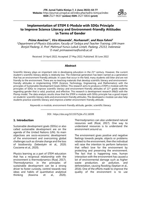 Pdf Implementation Of Stem E Module With Sdgs Principle To Improve