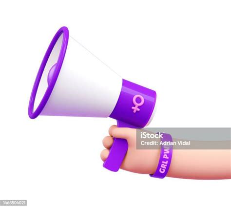 세계 여성의 날과 3d 삽화의 페미니스트 활동을 위한 확성기를 가진 백인 여성의 고립된 손 3월 8일 독립 권한 부여 및 여성