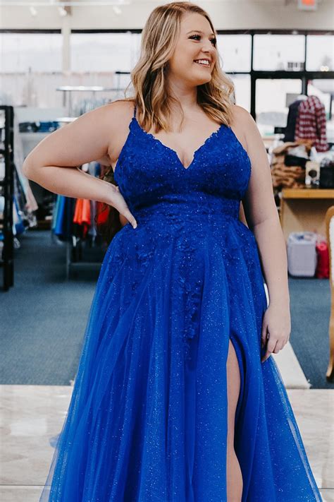 Hellymoon Women Royal Blue Plus Size Prom Dress A Line Spaghetti Straps