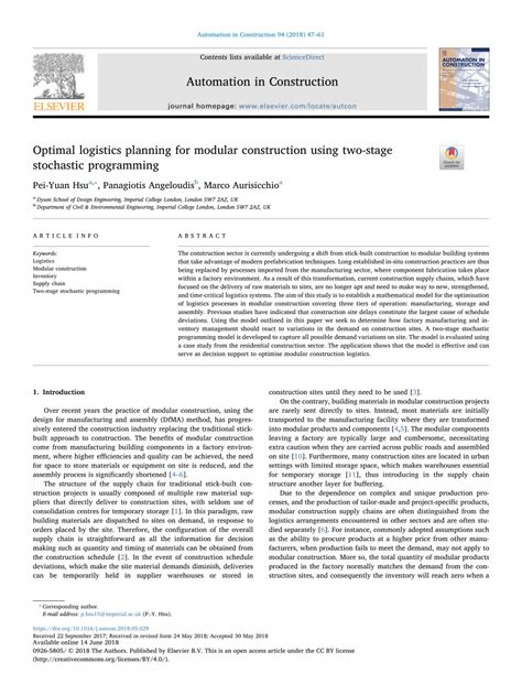 Pdf Optimal Logistics Planning For Modular Construction Using Two