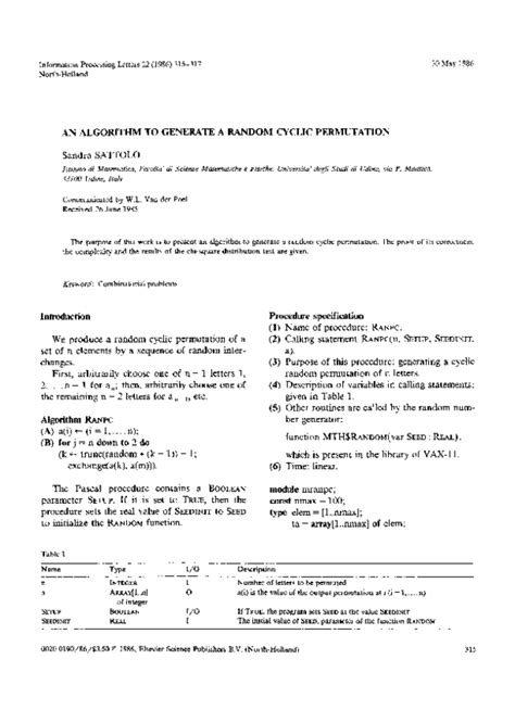 Pdf An Algorithm To Generate A Random Cyclic Permutation Sandra Sattolo