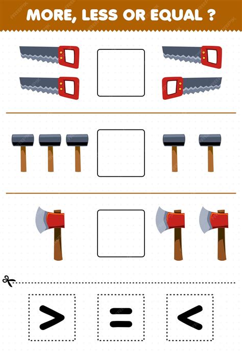 어린이를 위한 교육 게임은 만화 톱 망치 도끼보다 적거나 같은 수를 세고 올바른 기호 도구 워크시트를 자르고 붙입니다 프리미엄 벡터