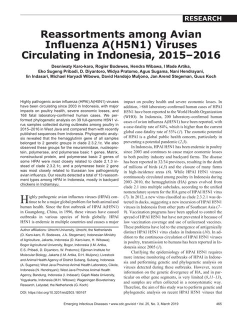 Pdf Reassortments Among Avian Influenza A H5n1 Viruses Circulating In Indonesia 2015 2016