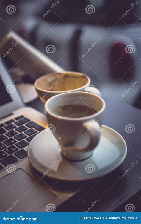 A Laptop S Keyboard And A Cup Of Coffee Stock Image Image Of Laptop Drink