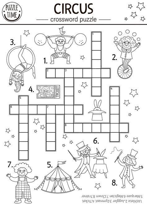 아이들을 위한 벡터 서커스 크로스워드 퍼즐 아이들을 위한 재미있는 공연자들과 간단한 흑백 놀이 쇼 퀴즈 광대 크로스 단어 색칠 페이지 Xa가 있는 교육 라인 활동 프리미엄 벡터
