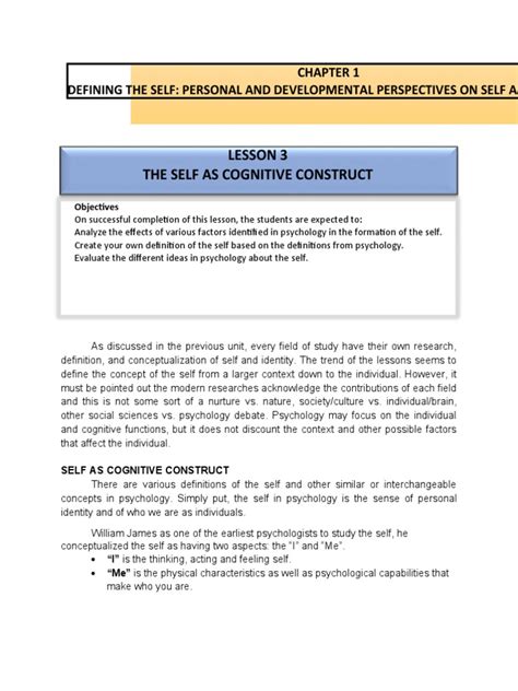 Chapter 1 Lesson 3 The Self As Cognitive Construct Pdf Self Psychology
