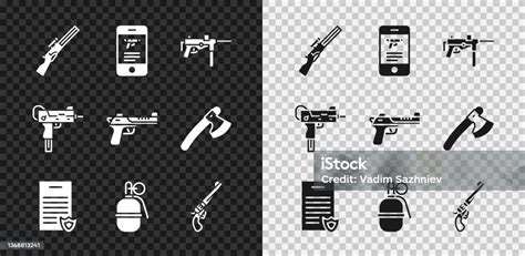 세트 헌팅 건 상점 무기 모바일 응용 프로그램 기관단 M3 총기 라이센스 인증서 손 수류탄 리볼버 Uzi 기계 및 사막 독수리 아이콘 벡터 Brand Name Smart