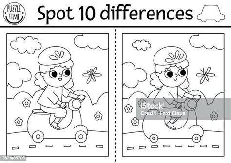 아이들을위한 차이점 찾기 게임 스쿠터를 타는 귀여운 소녀와 함께 교통 교육 흑백 활동 교통 수단이 있는 아이들을 위한 귀여운