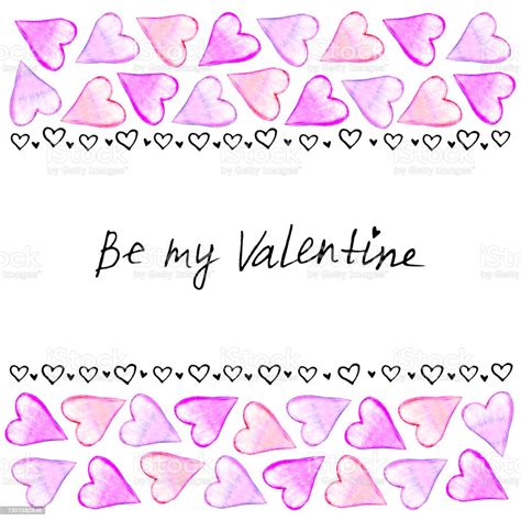 내 발렌타인 데이 필기 글자 배경 수채화 하트의 프레임 손으로 그린 수평 상단과 하단 테두리 테두리 발렌타인 데이 장식 카드 초대 공휴일에 대한 스톡 벡터 아트 및 기타
