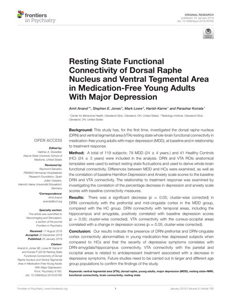 Pdf Resting State Functional Connectivity Of Dorsal Raphe Nucleus And Ventral Tegmental Area