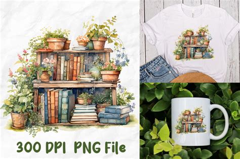 Retro Books On Bookshelf Potted Plants By Unlimab TheHungryJPEG