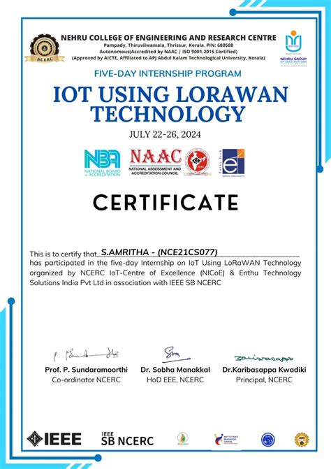 Iot Lorawan Technology Internship Ncerc Ieee Smartsolutions Amritha Santhosh