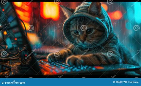 Cat Hacker Sitting With Laptop Stock Illustration Illustration Of Blue Carnivore 306937720