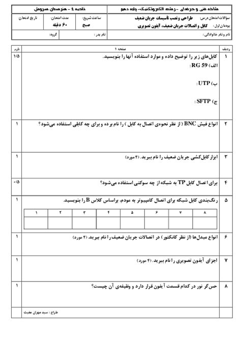 امتحان طراحی و نصب تأسیسات جریان ضعیف دهم هنرستان فنی باقر العلوم کرج پودمان 2 سیستم ردیابی و