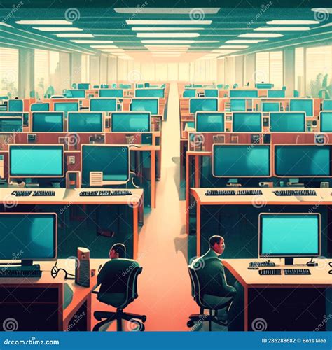 Computer Room With Rows Of Computer Monitors 3d Rendering 3d