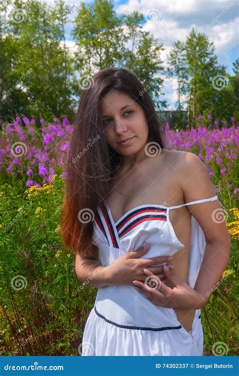 Attractive Girl Takes Off Sundress On Meadow Stock Image Image Of Conflict Calm 74302337