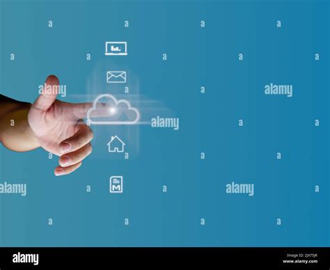 Human Finger Pointing At The Cloud Show Global Data Transfer With Cloud Computing Global