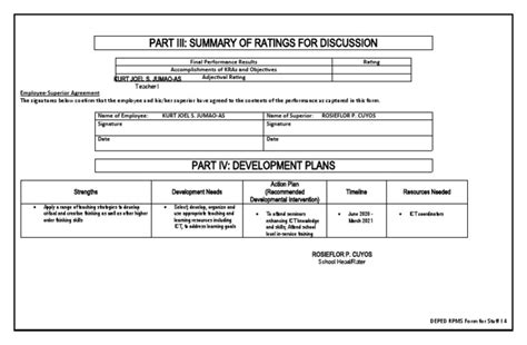 Ipcrf 4 Summary Or Rating And Plan 1 Pdf Educational Technology